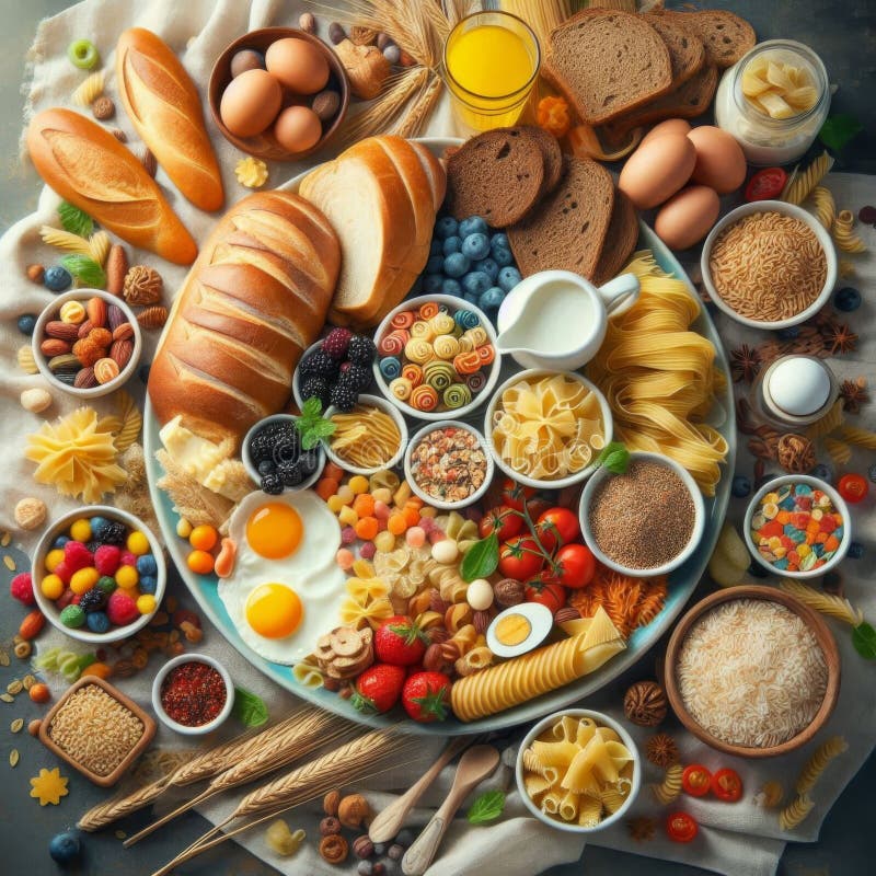 Colorful Spread of Bread, Pasta, Cereal, and Rice on a Platter, Ideal ...