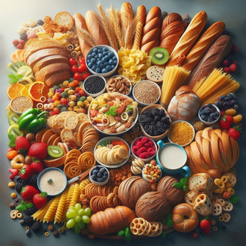 Colorful Spread of Bread, Pasta, Cereal, and Rice on a Platter, Ideal ...