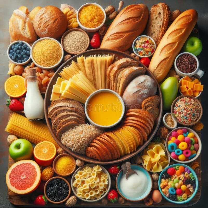 Colorful Spread of Bread, Pasta, Cereal, and Rice on a Platter, Ideal ...