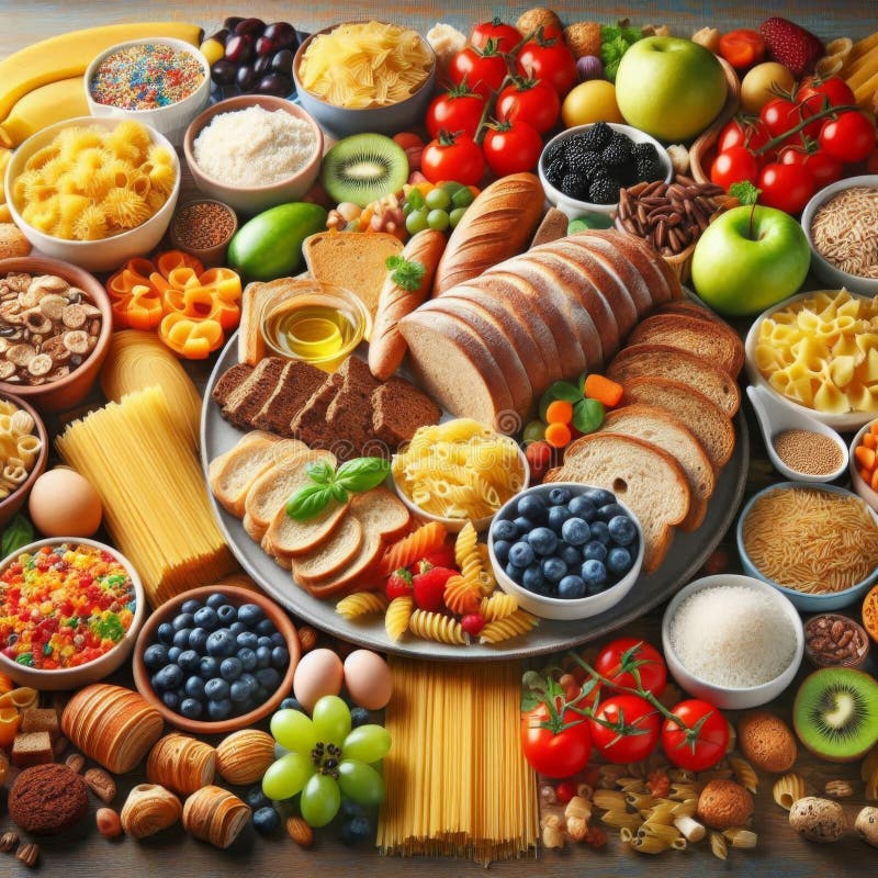 Colorful Spread of Bread, Pasta, Cereal, and Rice on a Platter, Ideal ...