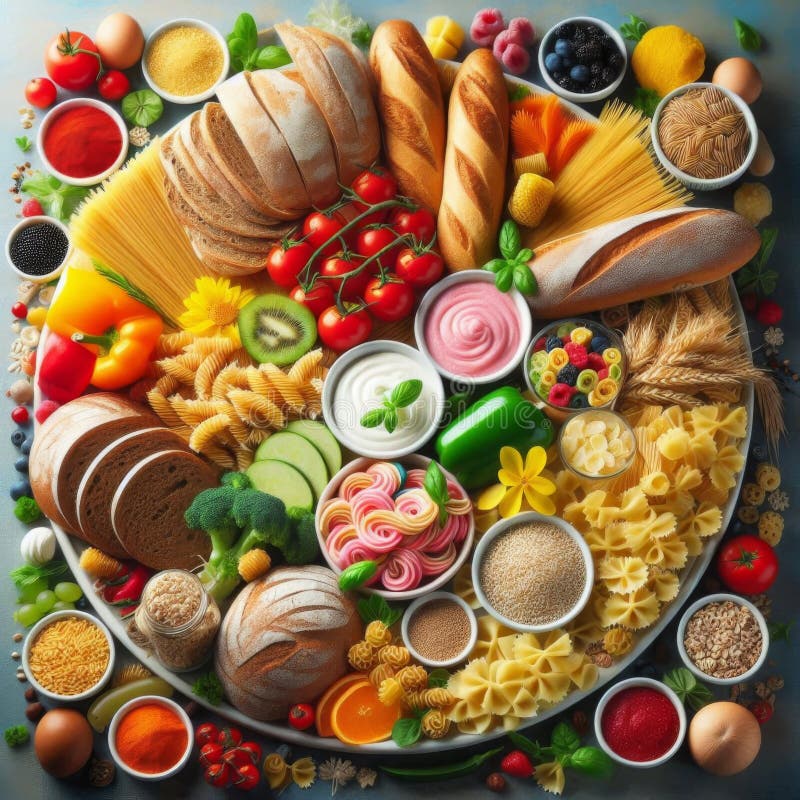 Colorful Spread of Bread, Pasta, Cereal, and Rice on a Platter, Ideal ...