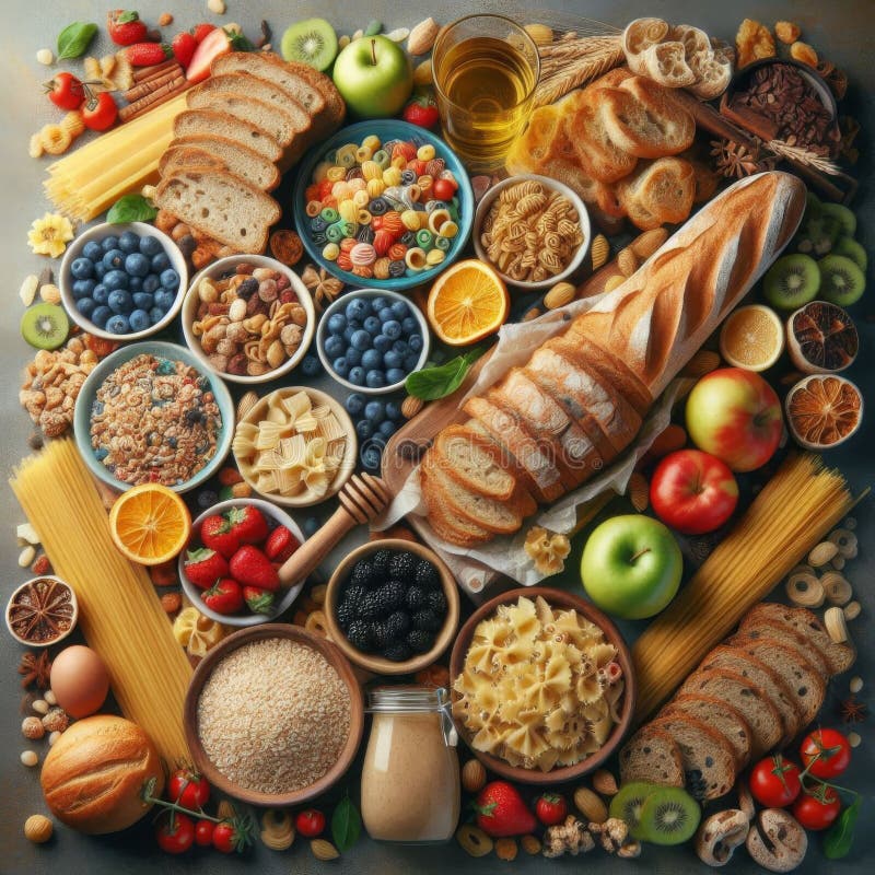 Colorful Spread of Bread, Pasta, Cereal, and Rice on a Platter, Ideal ...