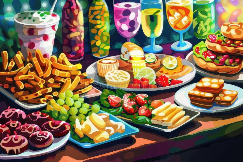 Colorful Party Snacks and Drinks Stock Illustration - Illustration of ...
