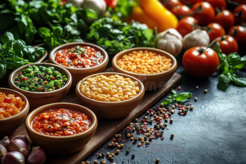 Colorful Spread of Spices and Fresh Vegetables Arranged on a Kitchen ...