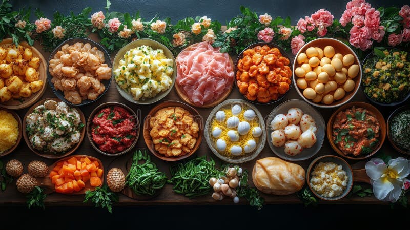 Colorful Spread of Various Dishes and Appetizers on a Wooden Table ...