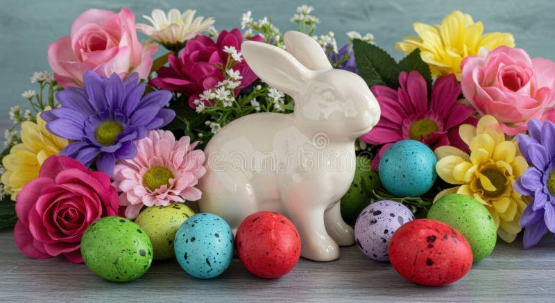 Colorful Spring Arrangement with Ceramic Rabbit and Vibrant Easter Eggs ...