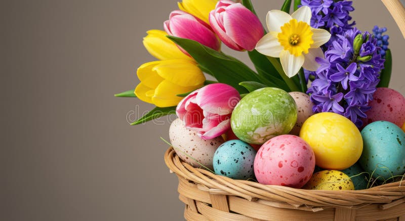 Colorful Spring Bouquet with Easter Eggs in a Woven Basket Stock Photo ...