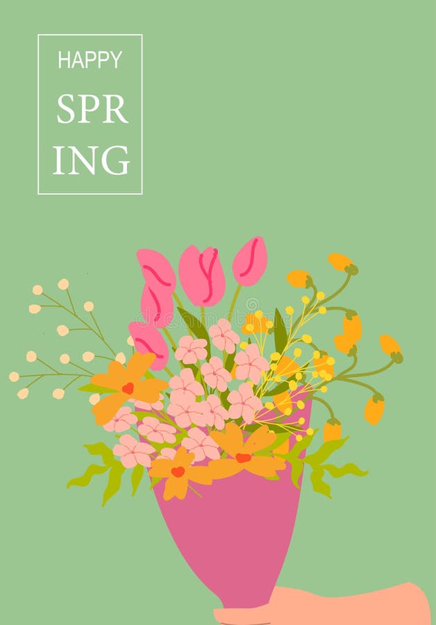 Colorful Spring Bouquet in Pink Vase with Hand on Green Background ...