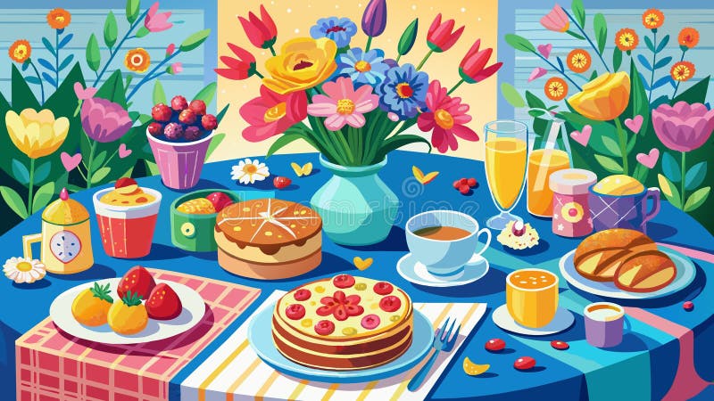 Colorful Spring Breakfast Spread with Fresh Flowers and Pancakes Stock ...