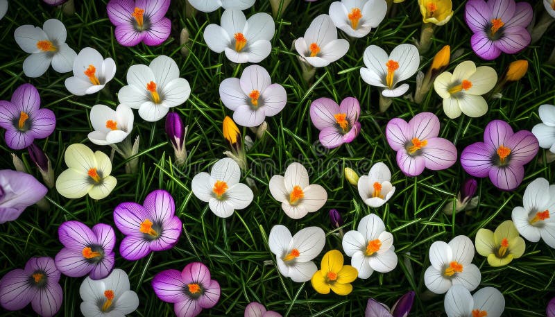 Colorful Spring Crocuses a Top Down View of Blooming Flowers in Vibrant ...