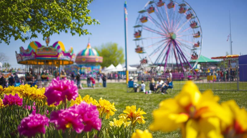 Colorful Spring Fair with Ferris Wheel and Bright Flowers Stock ...