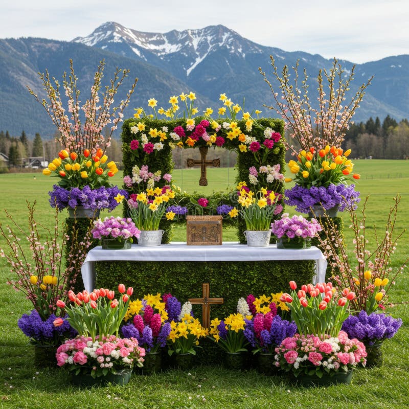 Colorful Spring Floral Altar Arrangement before Mountain Landscape ...