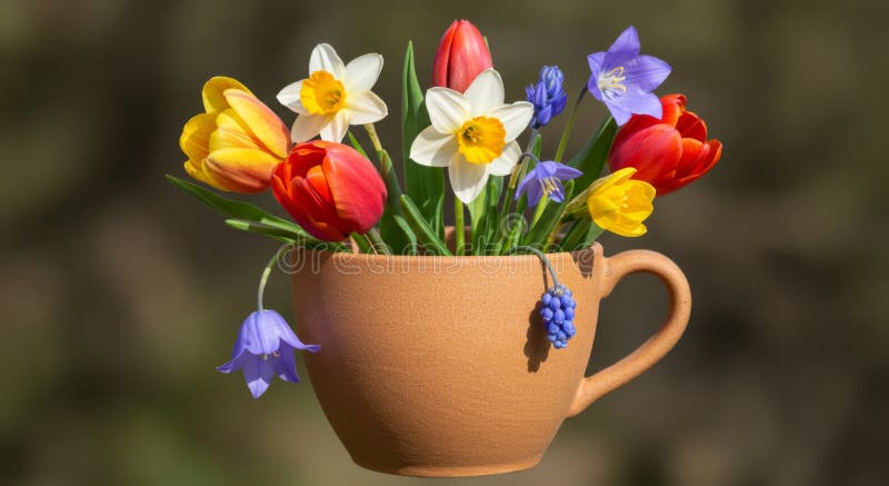 Colorful Spring Flower Bouquet in Brown Mug Stock Illustration ...