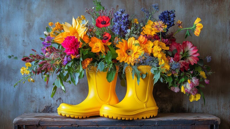 Colorful Spring Flower Bouquet in Yellow Rubber Boots Stock ...