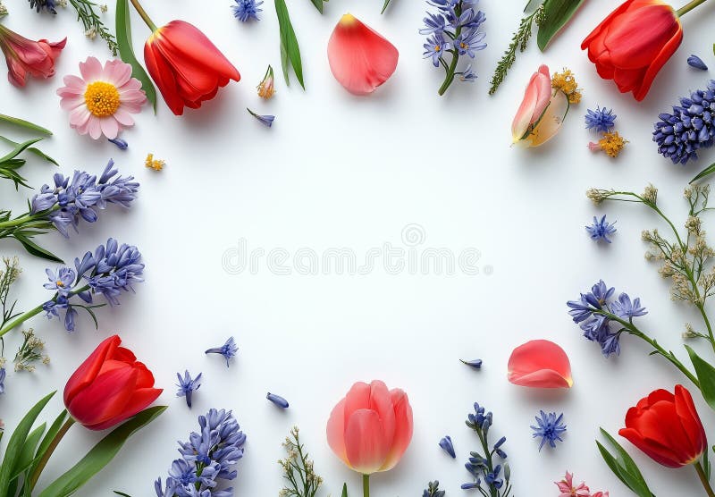 Colorful Spring Flowers Arranged in a Circular Pattern Around a Blank ...