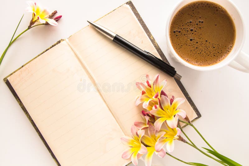 Colorful Spring Flowers, with Blank Open Diary for Text and Cup of ...
