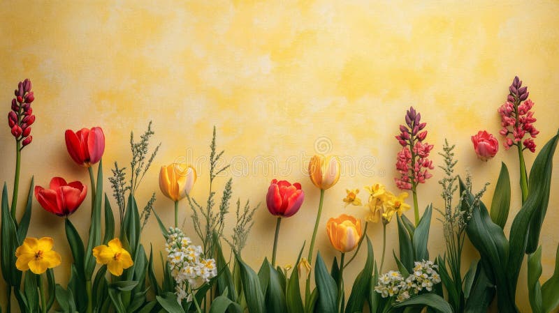 Colorful Spring Flowers Border Against Yellow Background Stock ...