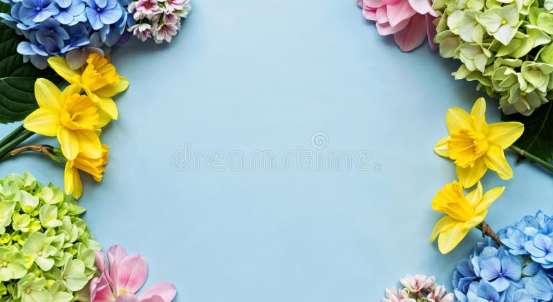 Colorful Spring Flowers Border with Daffodils and Hydrangeas on Blue ...