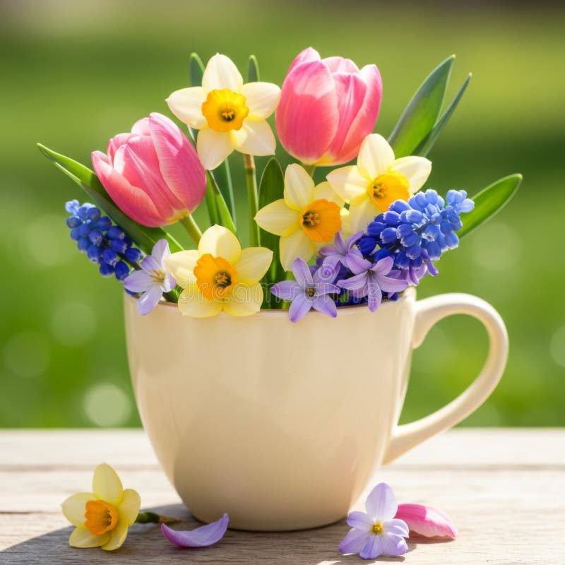 Colorful Spring Flowers in a Cream Cup Stock Illustration ...