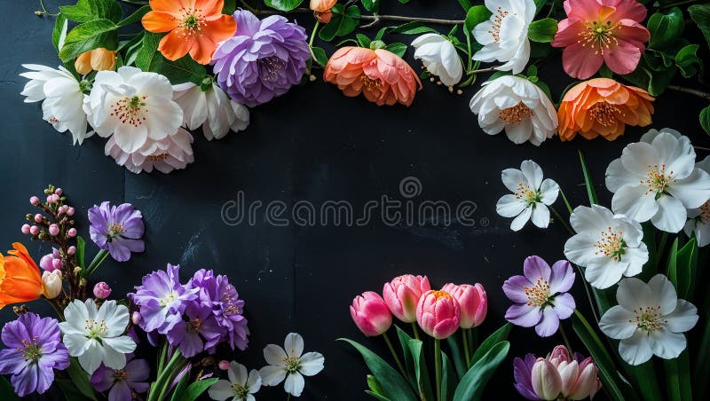 Colorful Spring Flowers Frame on Dark Background with Copy Space Stock ...