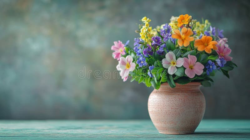 Colorful Spring Flowers in a Rustic Vase Stock Illustration ...