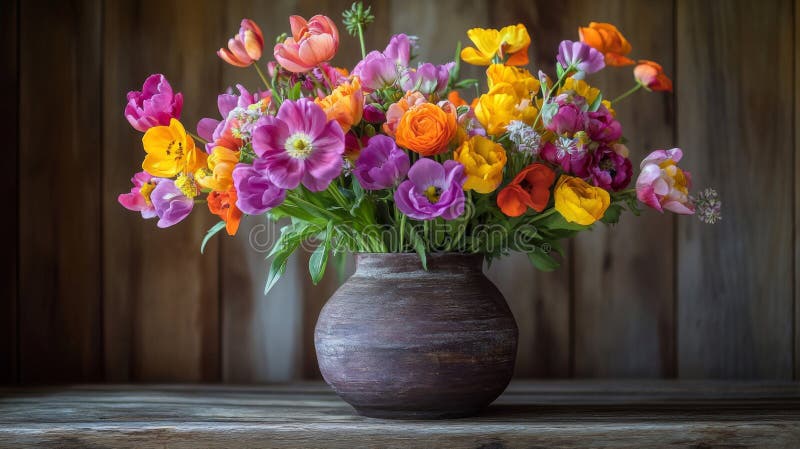 Colorful Spring Flowers in a Rustic Vase Stock Illustration ...