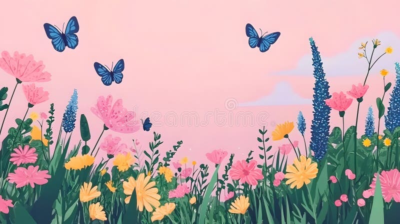Colorful Spring Garden with Butterflies and Flowers Stock Illustration ...
