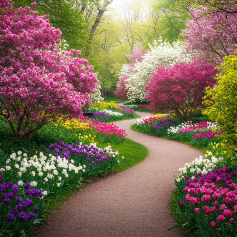 Colorful Spring Garden Path with Blooming Flowers Stock Illustration ...