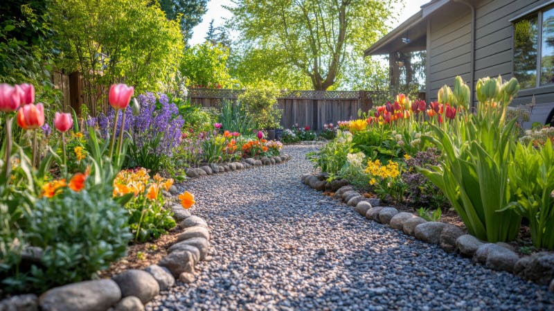 Colorful Spring Garden Path with Blooming Tulips Stock Illustration ...
