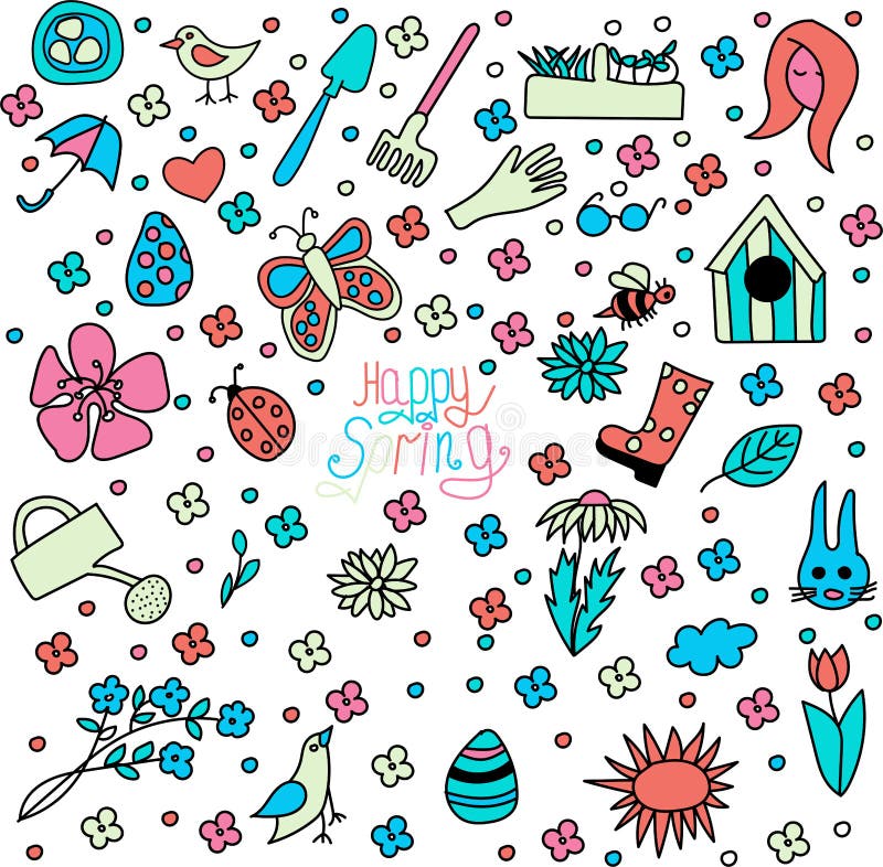 Colorful Spring Items Set. Freehand Illustration Stock Vector ...