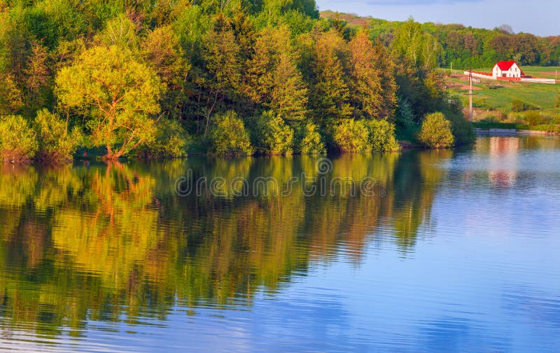 Colorful Spring Landscape on Lake Stock Photo - Image of sunny, rural ...