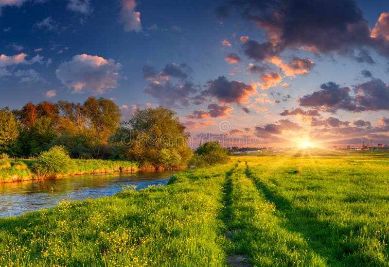 Colorful Spring Landscape on Misty River Stock Image - Image of grass ...