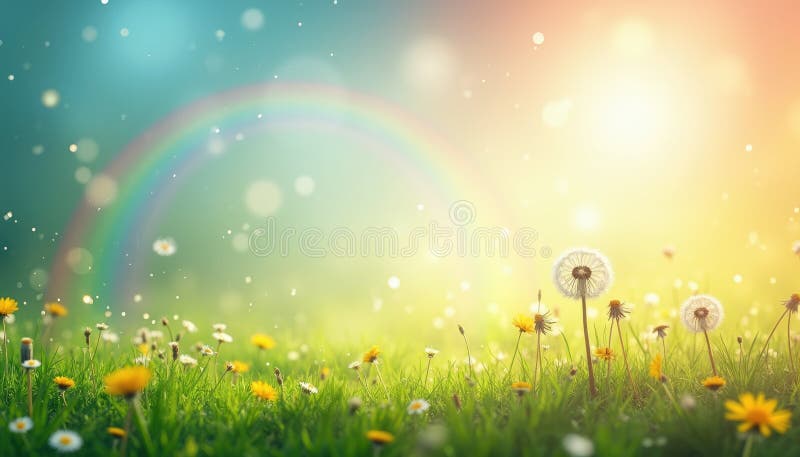 Colorful Spring Meadow with Flowers and Dandelions Illuminated by ...