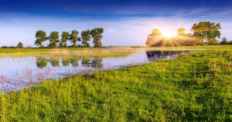 Colorful Spring Panorama on Lake Stock Image - Image of scenery ...