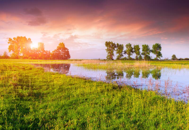 Colorful Spring Panorama on the Sunrise on Lake Stock Photo - Image of ...
