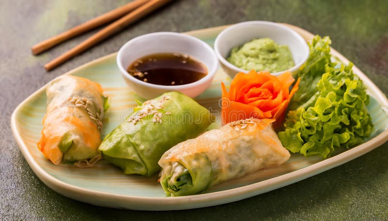 Colorful Spring Rolls with Various Dipping Sauces Elegant Presentation ...