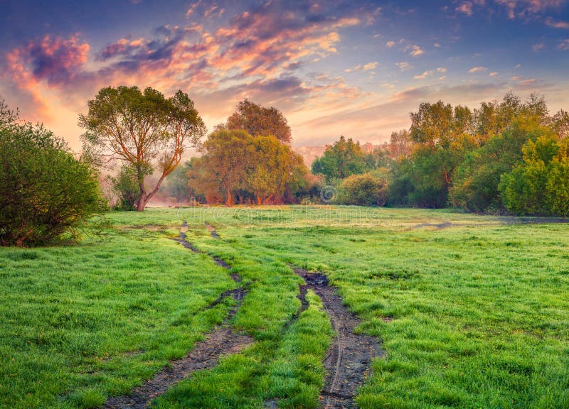 Colorful Spring Sunrise in Foggy Valley Stock Photo - Image of foggy ...