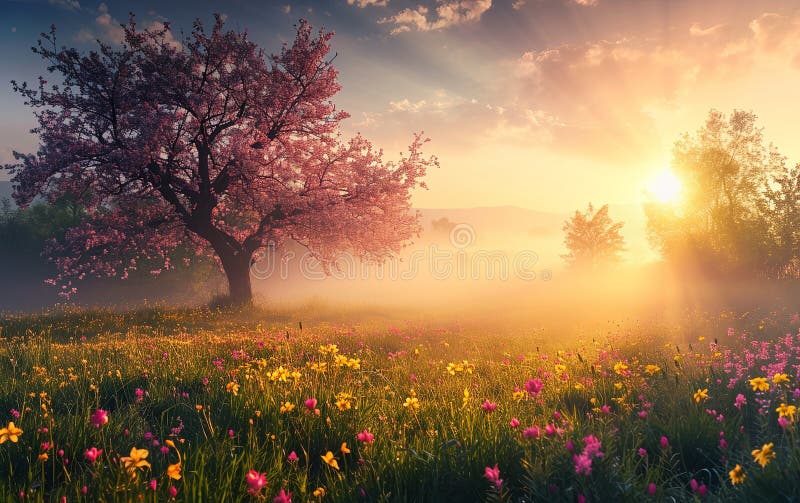 Colorful Spring Sunrise on Meadow Stock Illustration - Illustration of ...