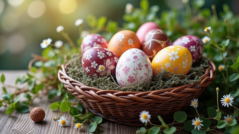 Colorful Spring-themed Easter Eggs in Woven Basket Surrounded by ...
