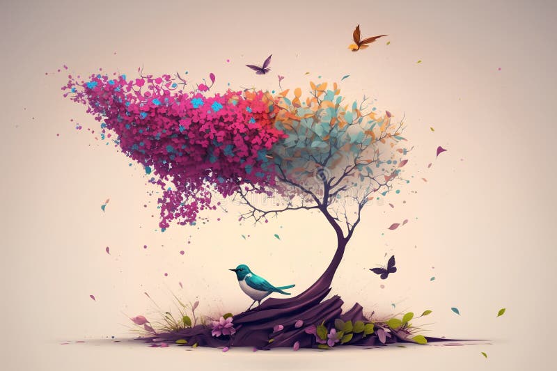 Colorful Spring Tree with Birds and Butterflies. 3D Illustration Stock ...