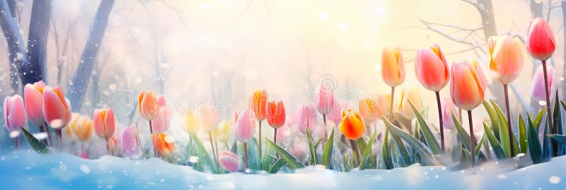 Colorful Spring Tulips Breaking through the Snow. Generative AI Stock ...