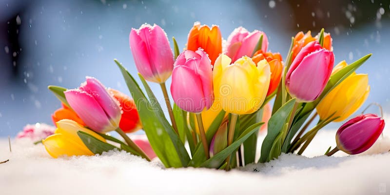 Colorful Spring Tulips Breaking through the Snow. Generative AI Stock ...
