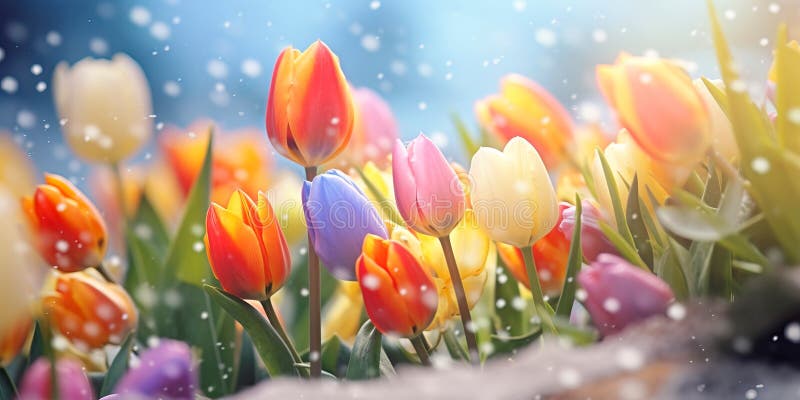 Colorful Spring Tulips Breaking through the Snow. Generative AI Stock ...