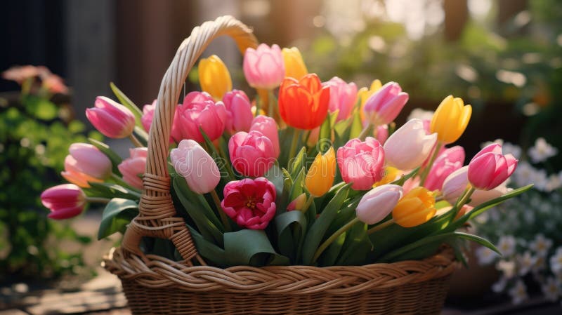 Colorful Spring Tulips are Kept in a Basket Outside Stock Photo - Image ...