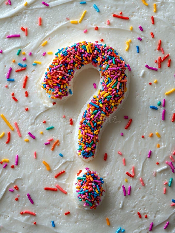 Colorful Sprinkle Question Mark on White Icing Cake. Stock Photo ...