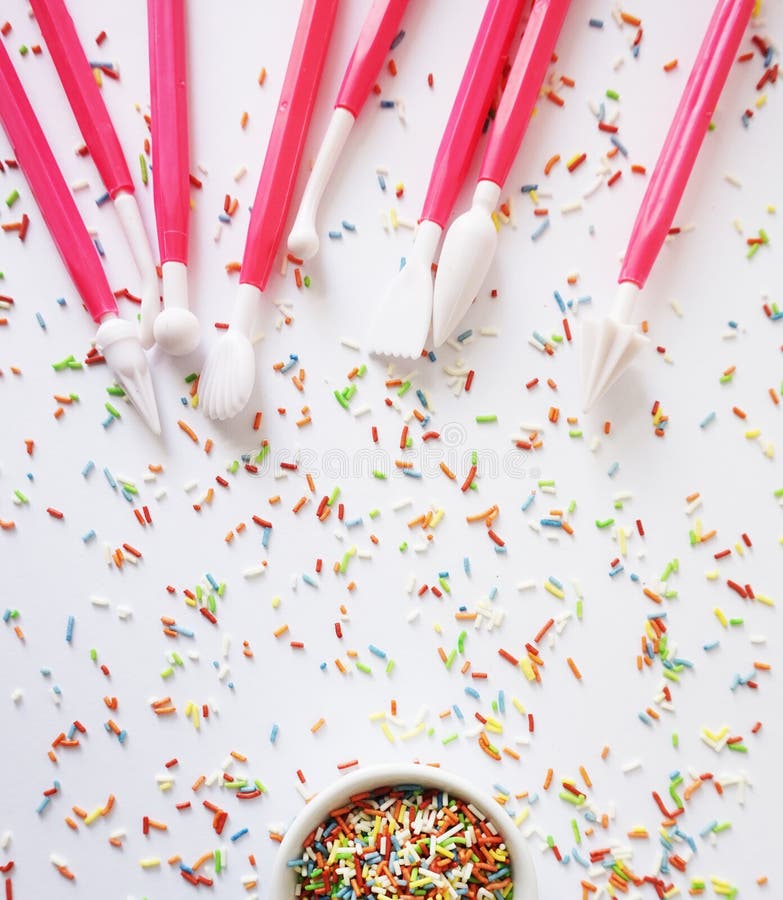 Colorful Sprinkles and Cake Decoration Tools Stock Photo - Image of ...