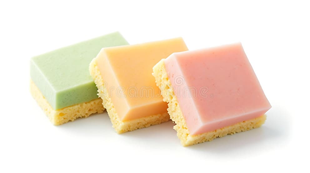 Colorful Square Cakes with Sponge Base Displayed Stock Photo - Image of ...
