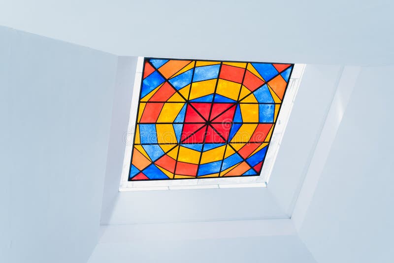 Colorful Square Stained Glass Window in a White Painted Ceiling. Stock ...