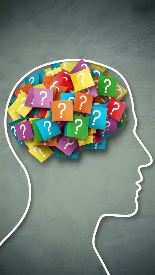 Colorful Squares with Question Marks Inside Outline Profile of Human ...