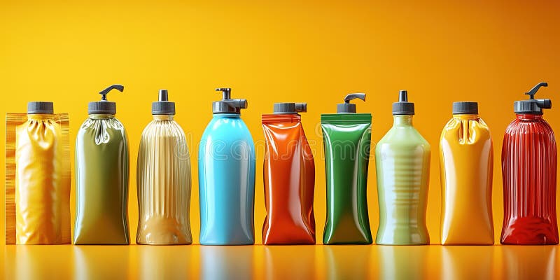 Colorful Squeeze Bottles Lined Up on a Bright Yellow Background Create ...